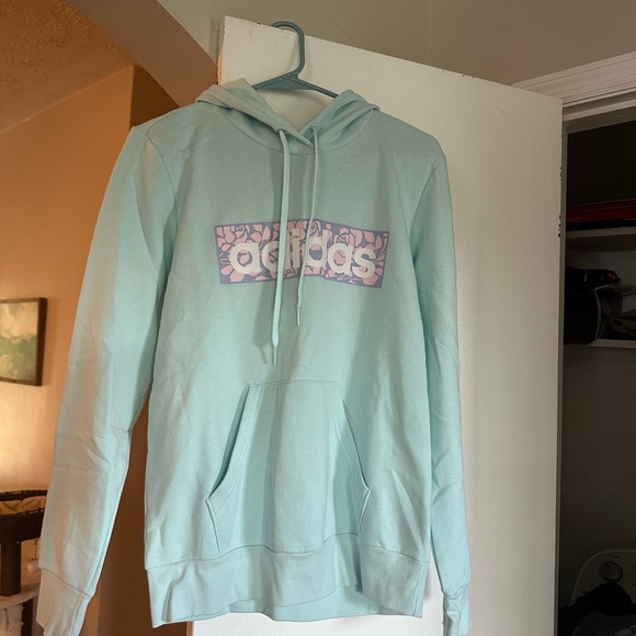 adidas | Tops | Adidas Pastel Blue Hoodie With Pink Floral Logo | Poshmark